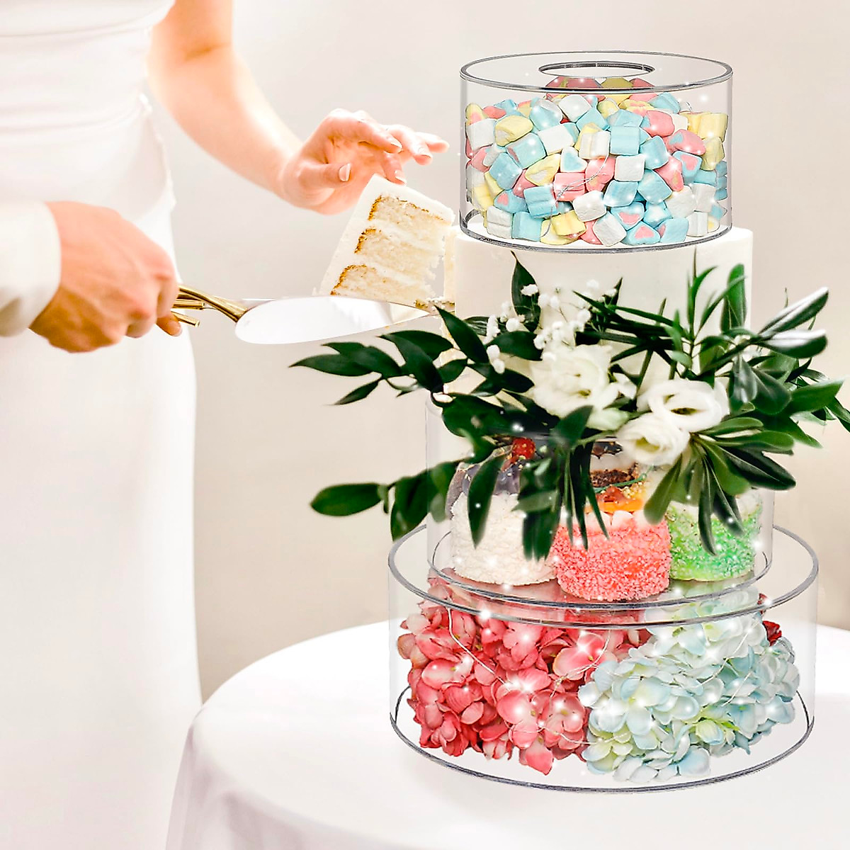 Cutora 3PCS Acrylic Cake Stand Fillable Clear Cake Riser Box Cylinder Round Display Case for Wedding Birthday Party 3 Tiers 8" 10" 12"