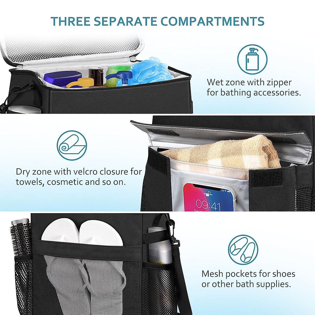 SKYREH Shower Caddy Tote Bag, Large Portable Shower Caddy for College Dorm Gym Swimming Camping Travel, Quick Dry Mesh Hanging Shower Organizer Toiletry Bag with Wet & Dry/Shoes Compartments, Black