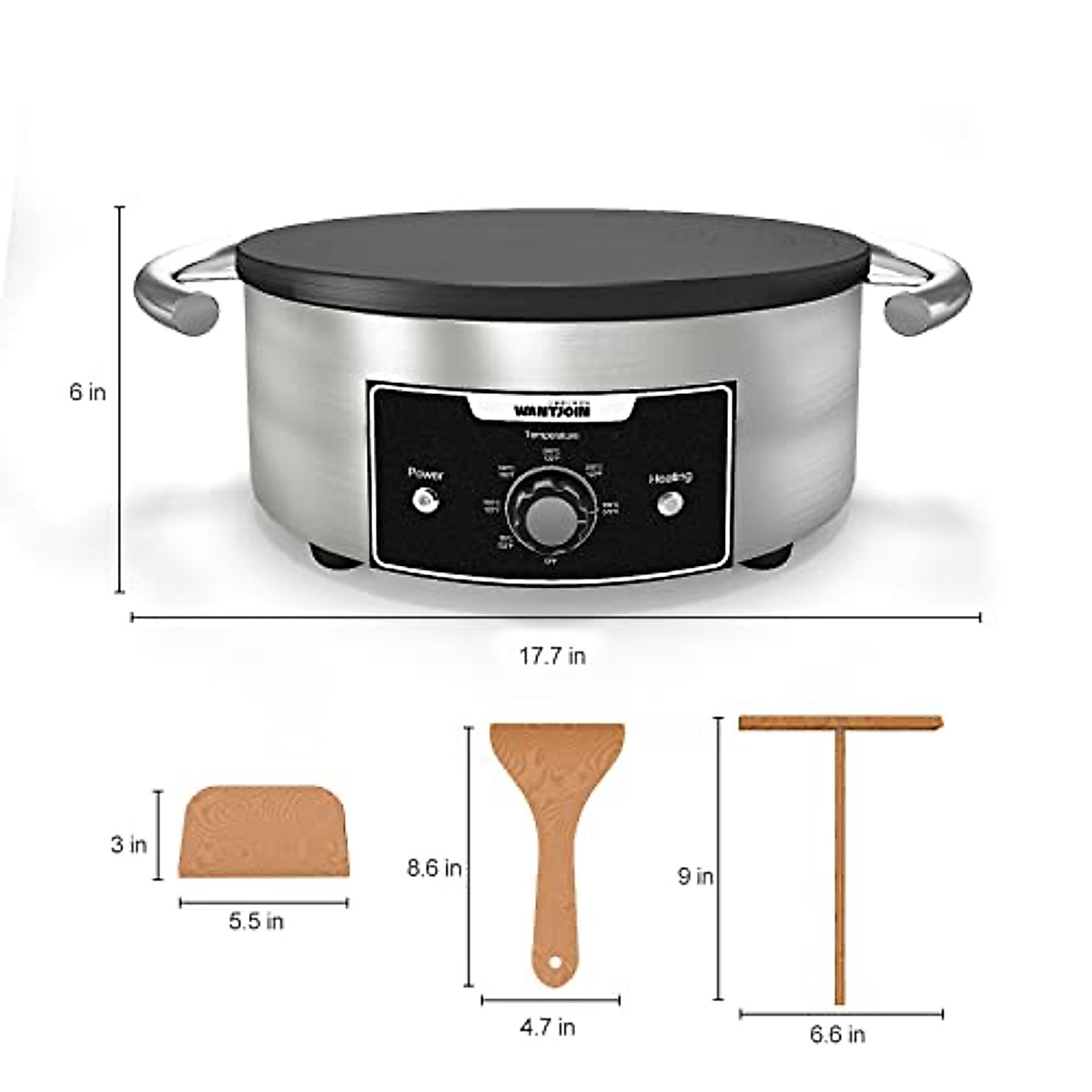 WantJoin Commercial Electric Crepe Maker 16“ 110V, Commercial Non Stick Electric Crepe Machine, 403 Stainless Steel Cooking Base 1700W