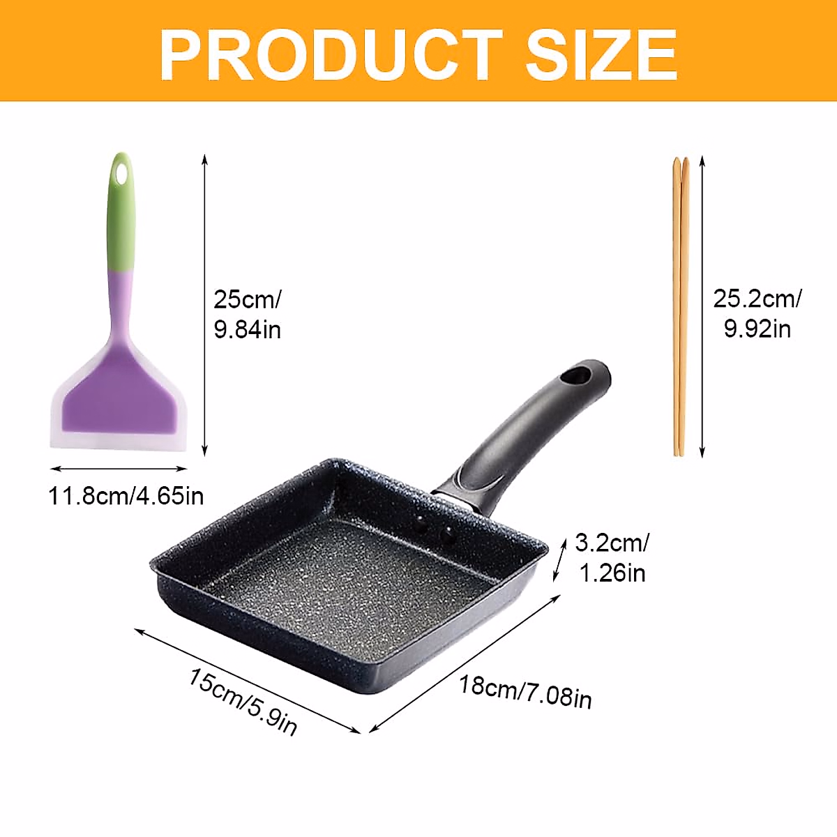 LOQJSS Tamagoyaki Pan Non Stick Japanese Omelette Pan,Cast Iron Rectangle Tamago Pan Small Frying Pan, Tamagoyaki Eggs Pan - Omelette Pan - with Silicone Brush, Chopsticks & Spetula