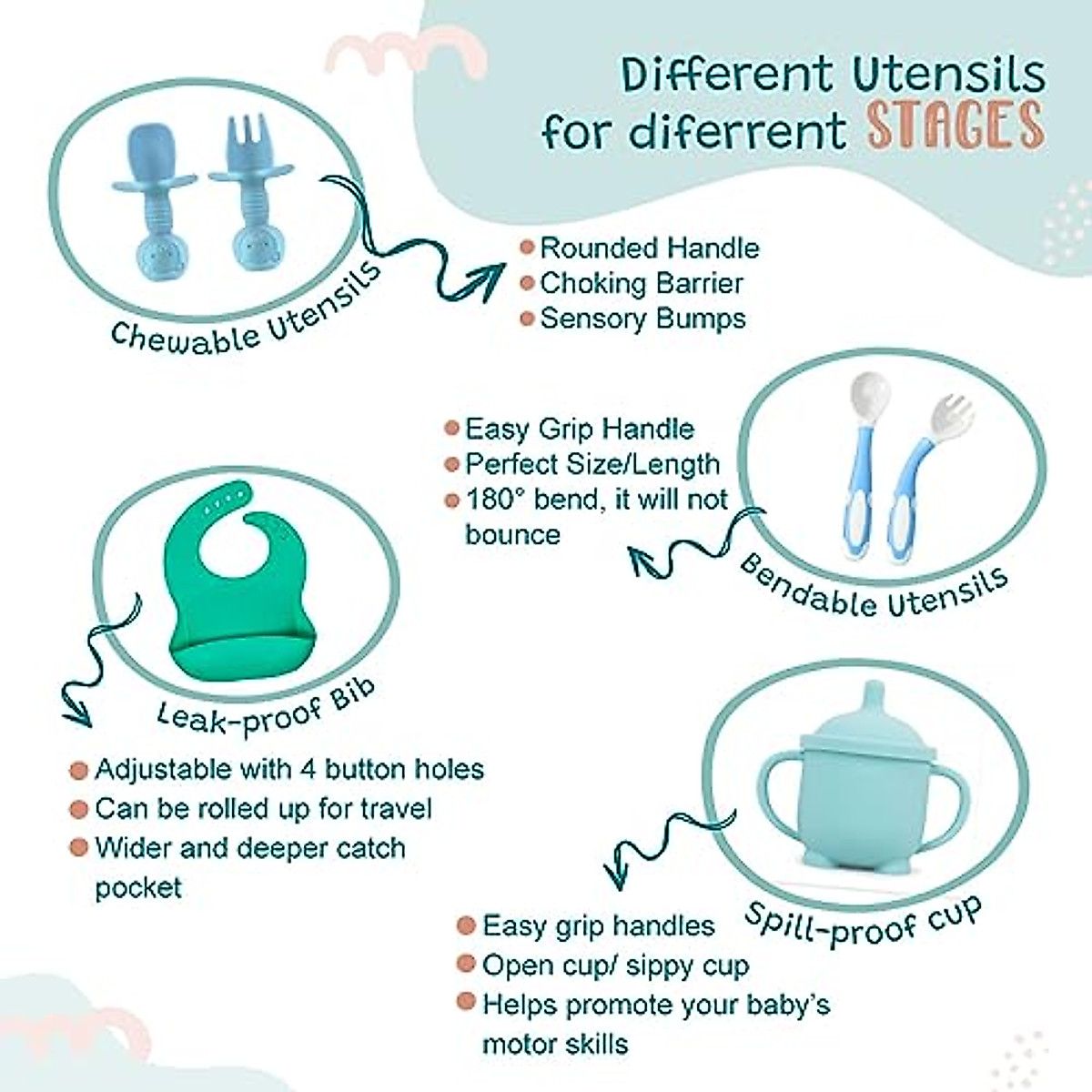 VaBa Du Baby Feeding Set - 10-Pack - Easy Baby Led Weaning - Adjustable Bib, Food Feeder, Utensils, Dish & Suction Bowl with Lid, and Sippy Cup