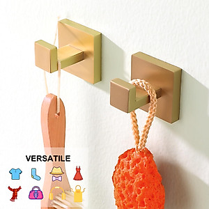 LANC 4 Piece Gold Bathroom Hardware Set, Square Brushed Gold 2 Pack Toilet Paper Holder and 2 Robe Towel Hooks, Stainless Steel Wall Mounted 2 Tissue Roll Holder and Coat Hooks Hanger, A8857BG