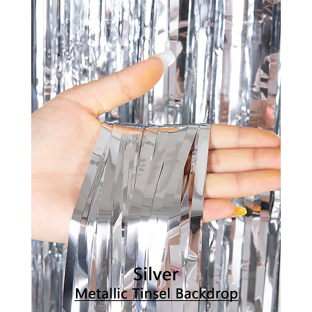 NIACONN 5 Packs Silver Tinsel Fringe Photo Backdrop Metallic Foil Fringe Curtains Door Streamers for Birthday Party Decorations (Silver / 3.3 ft x 6.6 ft)