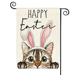 AVOIN colorlife Happy Easter Bunny Cat Garden Flag 12x18 Inch Double Sided Outside, Easter Festival Holiday Yard Outdoor Decoration