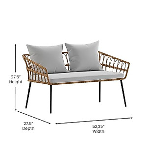 Taylor & Logan Iya 4 Piece Boho Rope Rattan Patio Conversation Set with Tempered Glass Top Coffee Table and Gray Cushions for Indoor/Outdoor Use, Natural