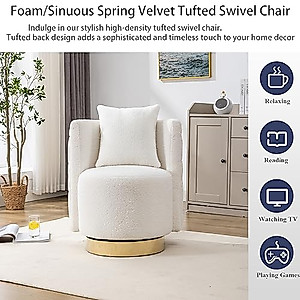 Velvet Vanity Barrel Chair, Modern Curved Tufted Back Office Chair with Gold Metal Base, Upholstered Makeup Stool with Throw Pillow for Living Room, Bedroom, Hotel Accent Leisure Chair (White)