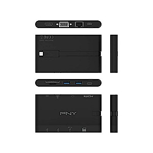PNY 9 in 1 Mini Portable USB-C Power Hub with Integrated USB-C Cable for USB-C Compatible Devices with 2xUSB-C Ports, 2xUSB-A 3.1 Ports, 1xHDMI Port, 1xVGA Port, SD/microSD Slots, PNY Mini USB-C Hub