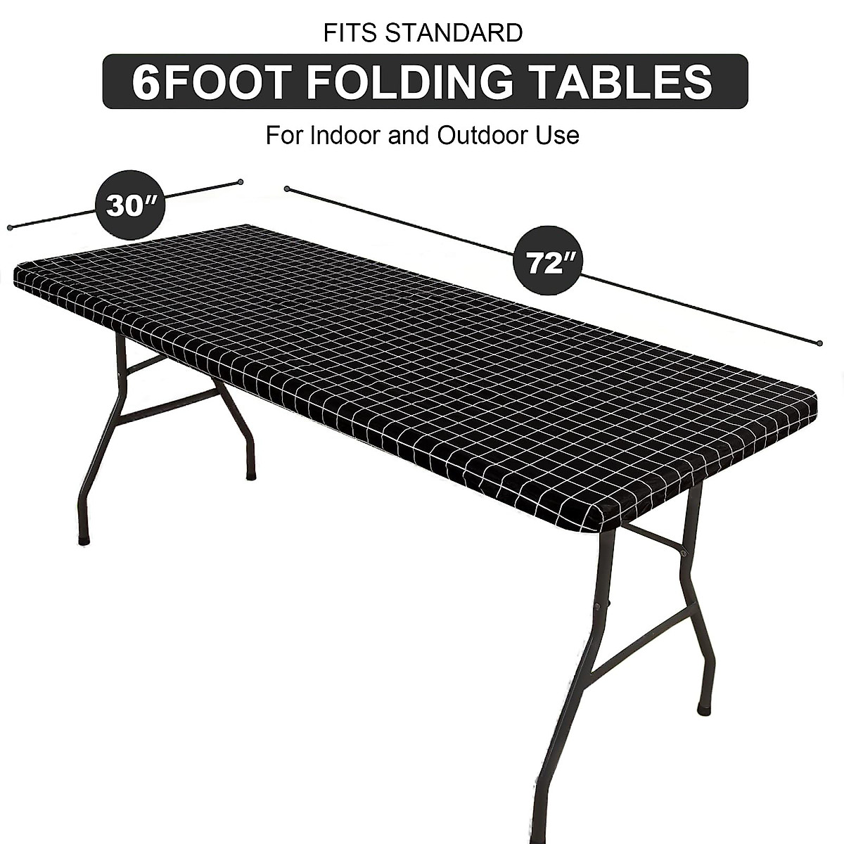 Spotjoy Rectangle Vinyl Table Cloth, Elastic Fitted Flannel Backed Plastic Table Covers for 6 Foot Folding Tables, Waterproof for Picnic, Camping, Indoor and Outdoor (Black, 30 x 72 inch)