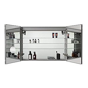 AQUADOM Royale Plus LED Medicine Mirror Cabinet 48in x 36in x 5in Recessed Surface Mounted, Defogger, LED 3X Makeup Mirror, Electrical Outlets, Interior LED Light