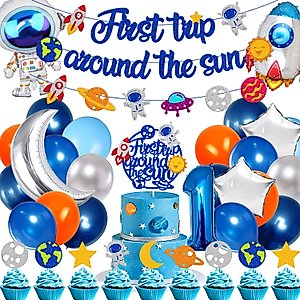 59 PCS First Trip Around The Sun Birthday Decoration First Outer Space Birthday Banner One Year Old Cake Topper Balloon Astronaut Universe Star Plant Rocket Solar System Theme Party Supplies