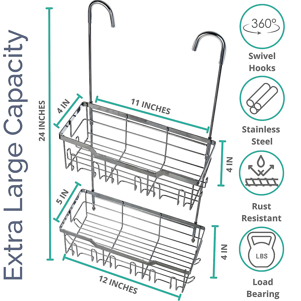 Hanging Shower Caddy Over Door - 304 Rust-proof Stainless Steel Shower Hanging Caddy with Rotatable Hooks and Adhesives for Bathroom Essentials, Equipped with Rotateable Hooks and extra Adhesives