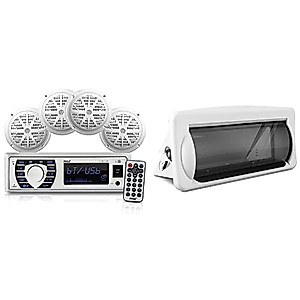 Marine Radio Receiver Speaker Set 12v Single Din Style Bluetooth Compatible Waterproof Digital Boat in Dash Console System (White) & Water Resistant Marine Stereo Cover - Pyle PLMRCW2,White