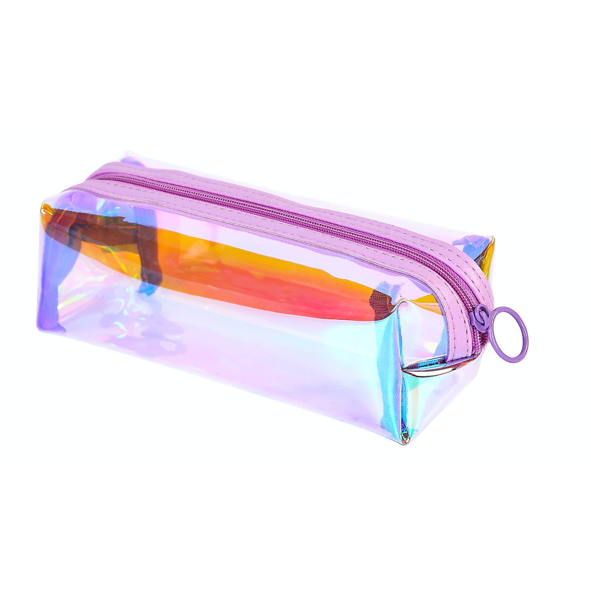 EzPacking Holographic Clear Makeup Pouch/Cute Iridescent Cosmetic Organizer/Sparkly Glittery Women’s Toiletries Holder/Transparent Ladies Zipper Bag for Purse or Tote (Lilac)