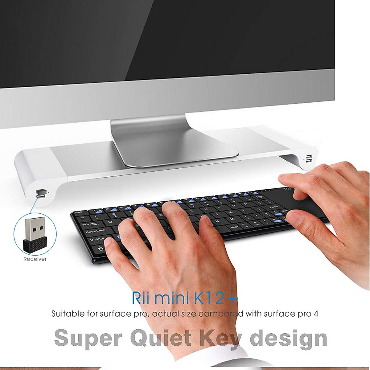 Rii K12+ Mini Wireless Keyboard with Large Touchpad Mouse&Qwerty Keypad, Stainless Steel Portable Wireless Keyboard with USB Receiver for MacBook/iPad/Tablet/PC/Laptop/Smart TV/Raspberry Pi - Black