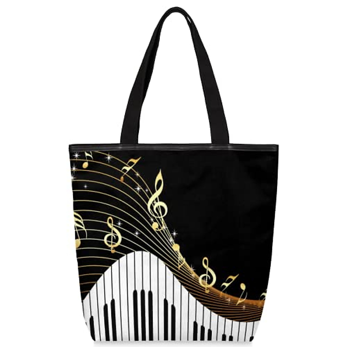 Music Theme Women's Canvas Tote Bag, Piano Keyboard Music Notes Shoulder Handbag Bags with Zip Large Beach Bag for School Shopping Business Work Travel