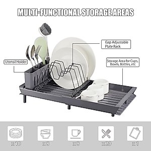 CLNGAI Expandable Dish Drying Rack, Compact Dish Drainer with Removable Utensil Holder,Space Saving Rust-Proof Small Adjustable Plate Rack for in Sink or Kitchen Counter (Gray)