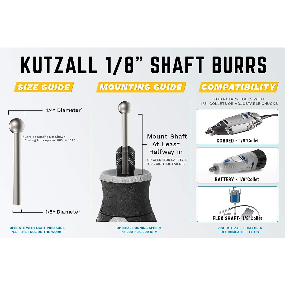 Kutzall Original Sphere Rotary Burr, 1⁄8" Shaft, Fine - Woodworking Attachment for Dremel, Foredom, DeWalt, Milwaukee Tools. Abrasive Tungsten Carbide Coating, 3⁄8" (9.5mm) Head Diameter, S-38-EG