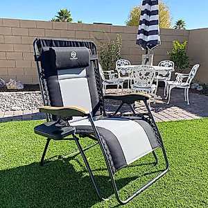 Coastrail Outdoor Zero Gravity Chair Oversized XXL 33.5" Patio Padded Reclining Lounger with Pillow, Side Table for Camping, Lawn, Garden Black/1pack