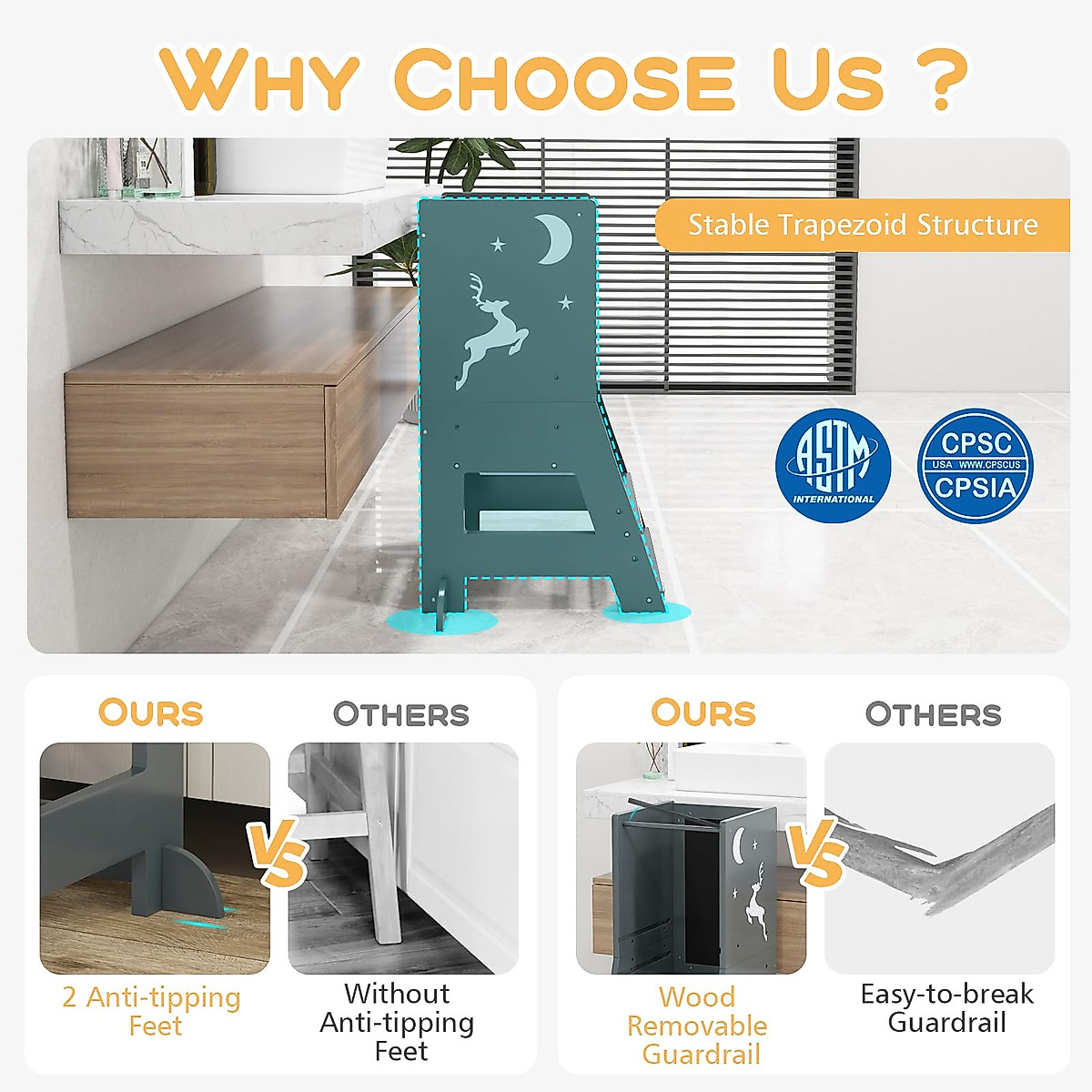 Costzon Toddler Tower, Wooden Kids Kitchen Stool Helper with Height Adjustable Platform, Safety Rail, Whiteboard & Chalkboard, Toddler Step Stool, Standing Tower for Kitchen Counter, Bathroom, Grey