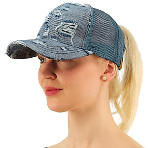 C.C Ponytail Messy Buns Trucker Ponycaps Plain Baseball Visor Cap Dad Hat Denim Blue