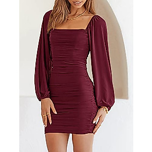 ANRABESS Women's Square Neck Mesh Long Sleeve Ruched Bodycon Mini Dress Party Club Cocktail Short Dresses s 642jiuhong-L Wine Red
