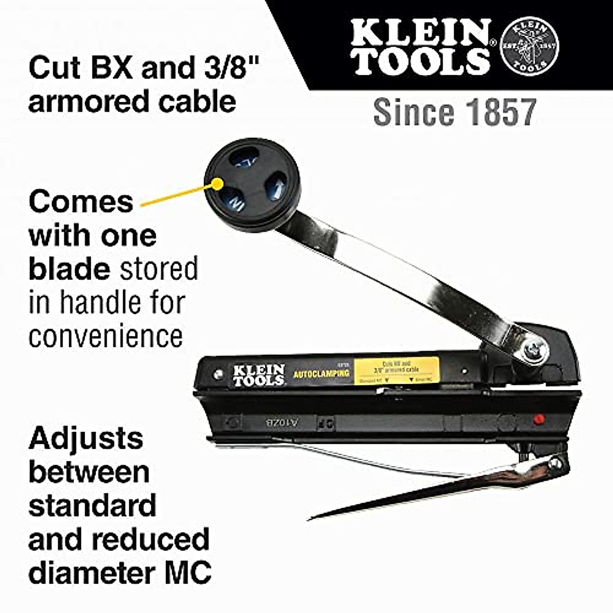 Klein Tools 53725 Armored and BX Cable Cutter, Cuts Up to 3/8 Inch Armored Cable-BX-AC-MC-MCAP-Greenfield, With Storage and Extra Blades