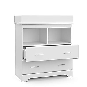 Storkcraft Brookside 2 Drawer Changing Table Dresser (White) – for Nursery with Table Topper, Chest of Drawers for Bedroom, Universal Design