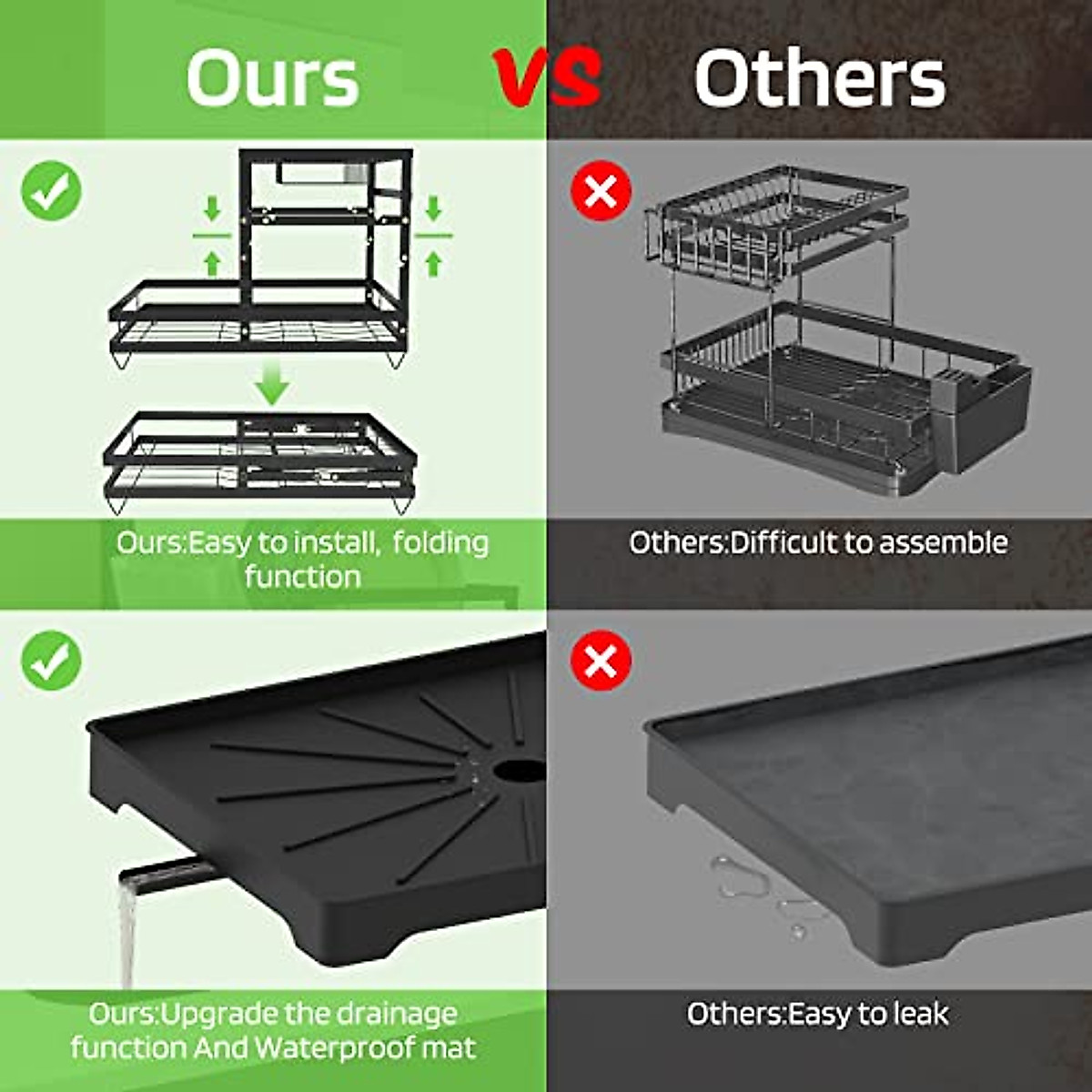 BBXTYLY Large Dish Drying Rack, 2 Tier Collapsible Dish Racks with Drainboard，Drainage, Wine Glass Holder, Utensil Holder and Extra Drying Mat, Dish Drainers for Kitchen Counter (Black)