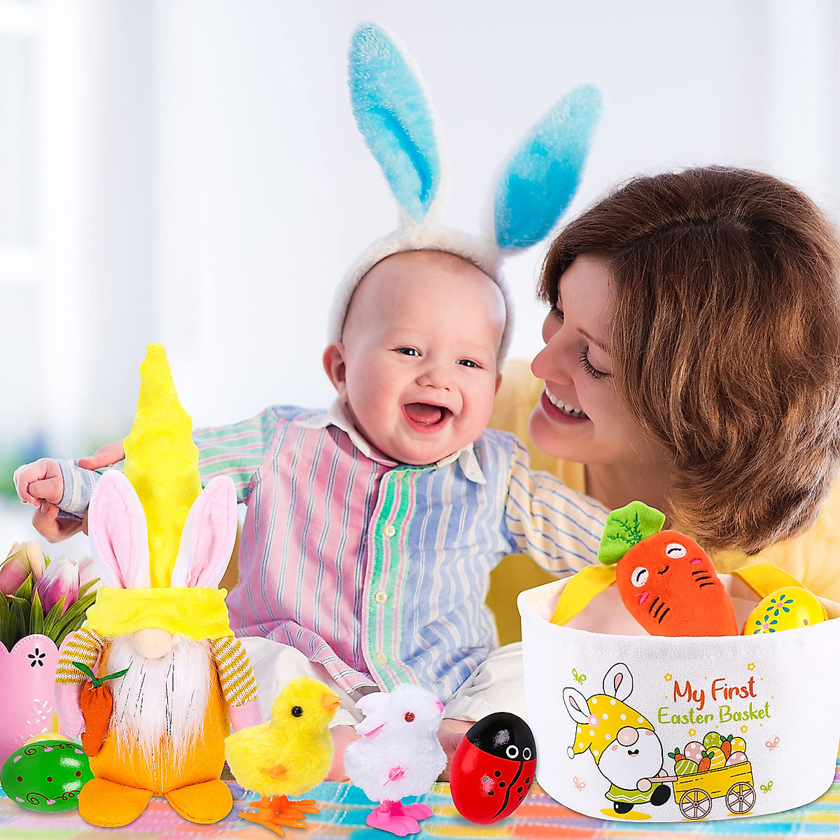 80UncleKimby 8PCS My First Easter Basket Stuffers Gifts Baby Kids - includes Eggs, Wind-Up Bunny & Chick, Stuffed Plush Carrot, Gnome for Toddlers Girls Boys Party Favors