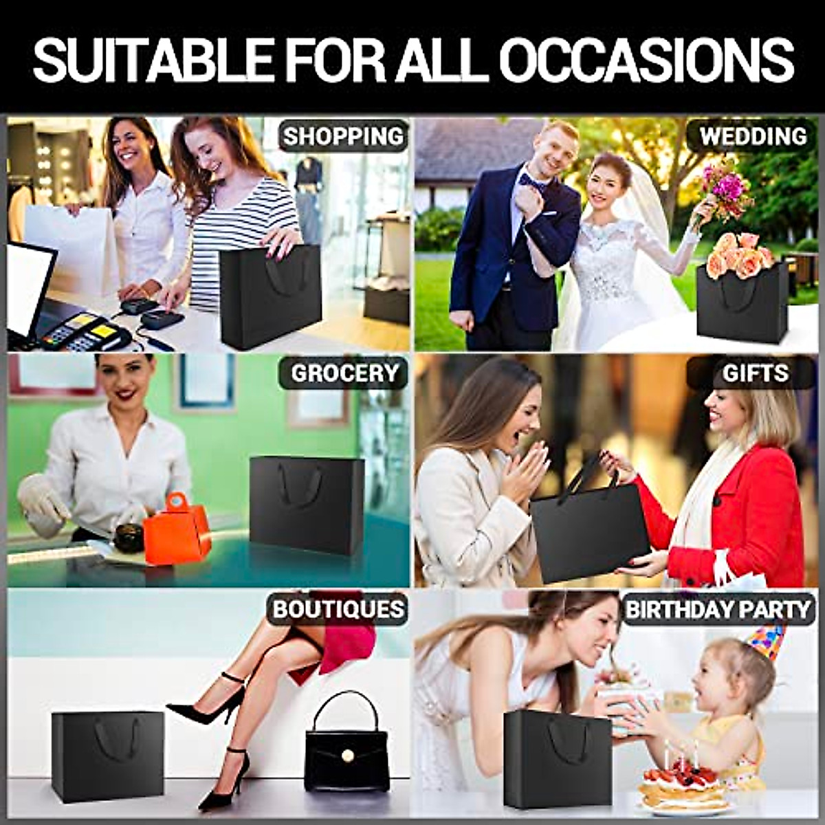 EUSOAR Black Shopping Bags with Handles, 20 Pack 8.6" x3.9" x7" Mini Kraft Paper Gift Wrap Bags with Handles, for Business, Grocery, Boutique, Retail, Wedding, Party Favors, Birthdays