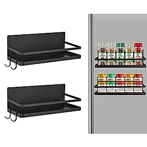 Dr.BeTree Magnetic Spice Rack, Strong Magnetic Shelf Spice Organizer Spice Rack Seasoning Organizer For Kitchen Organizer Magnetic Spice Rack For Refrigerator With 4 Hooks (Black, 2 Pack )