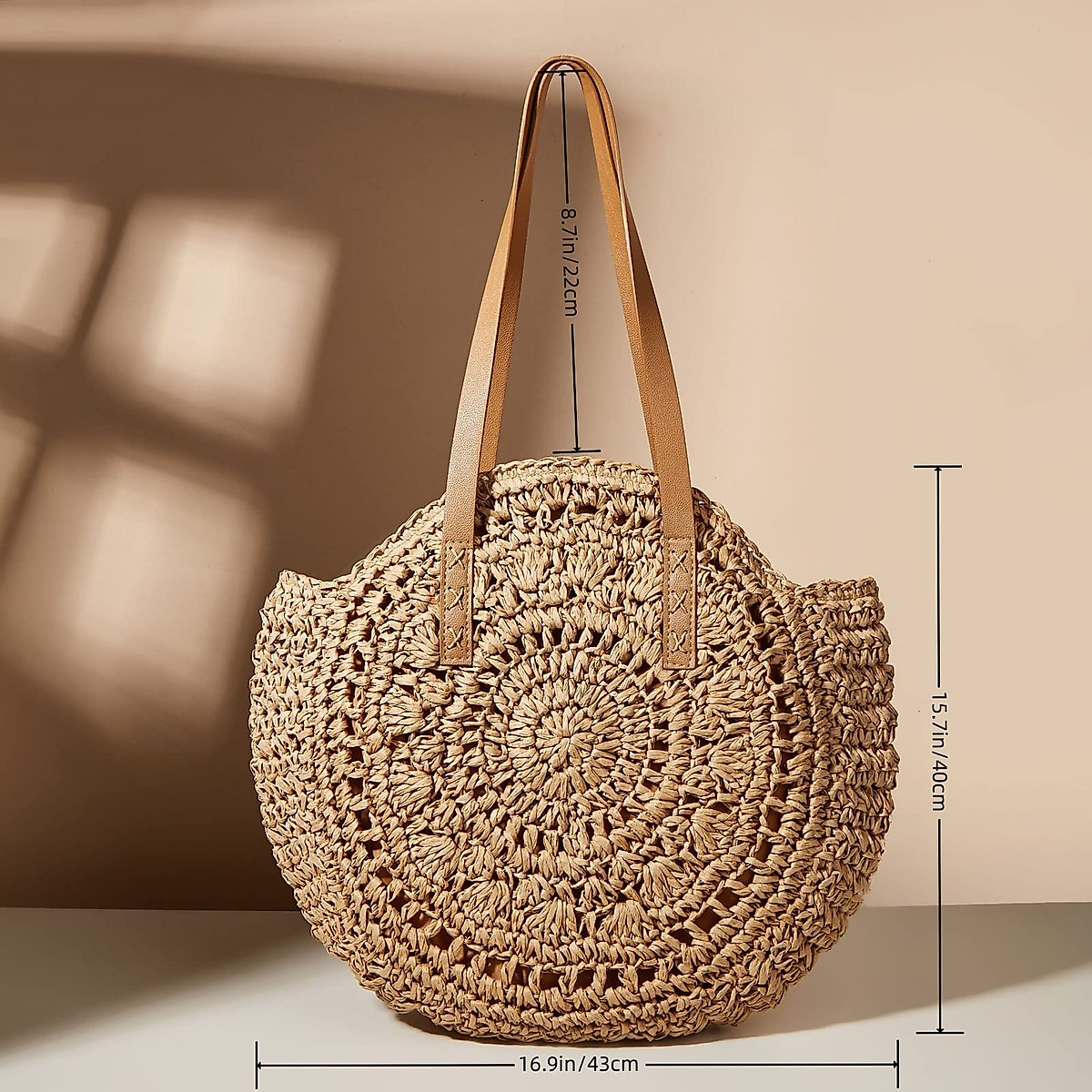 Straw Bag Women Handmade Shoulder Handbag Large Beach Bag Handwoven Round Tote Camel