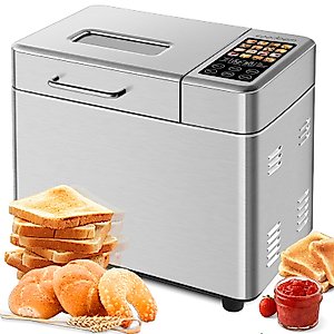 SEEDEEM 16-in-1 Bread Machine, 2.2LB Stainless Steel Bread Maker with Fruit and Nut Dispenser, Nonstick Ceramic Pan, 3 Crust Colors & 3 Loaf Sizes, Touch Panel, Recipes, Silver