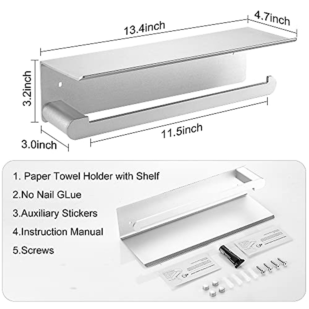DUFU Paper Towel Holder with Shelf for Kitchen, Paper Towel Holder Wall Mount for Bathroom, Self-Adhesive Anti-Rust Aluminum, No Drill or Wall-Mounted with Screws (Dull Polished Silver)