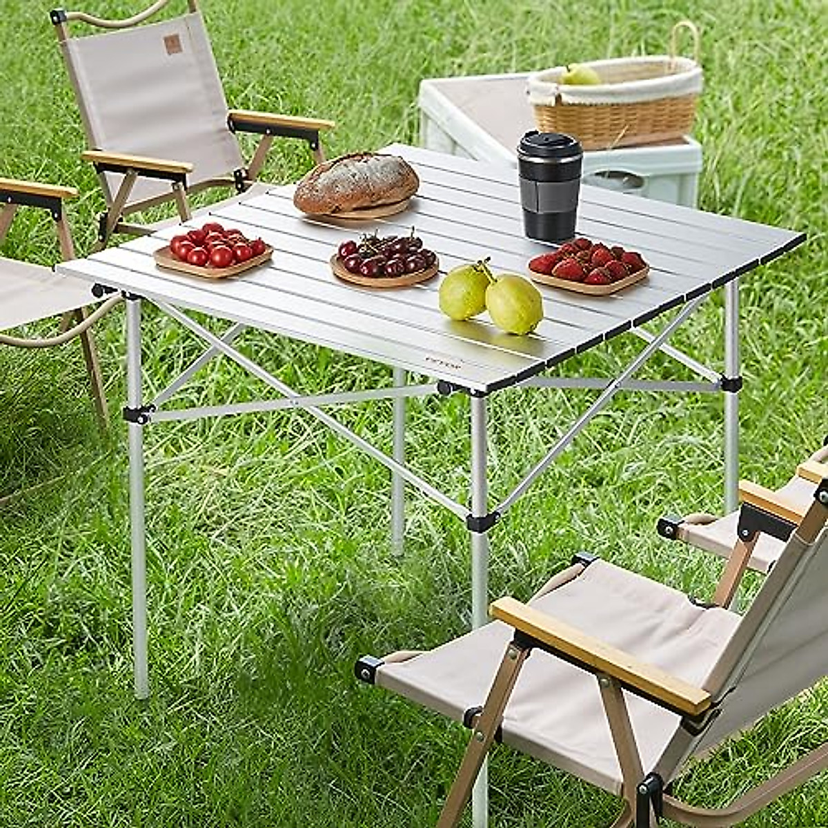 VEVOR Folding Camping Table, Outdoor Portable Lightweight Aluminum Ultra Compact Snap-Together Design with Carry Bag, for Cooking, Beach, Picnic, Travel, Grilling, 28'' x 28'', Silver