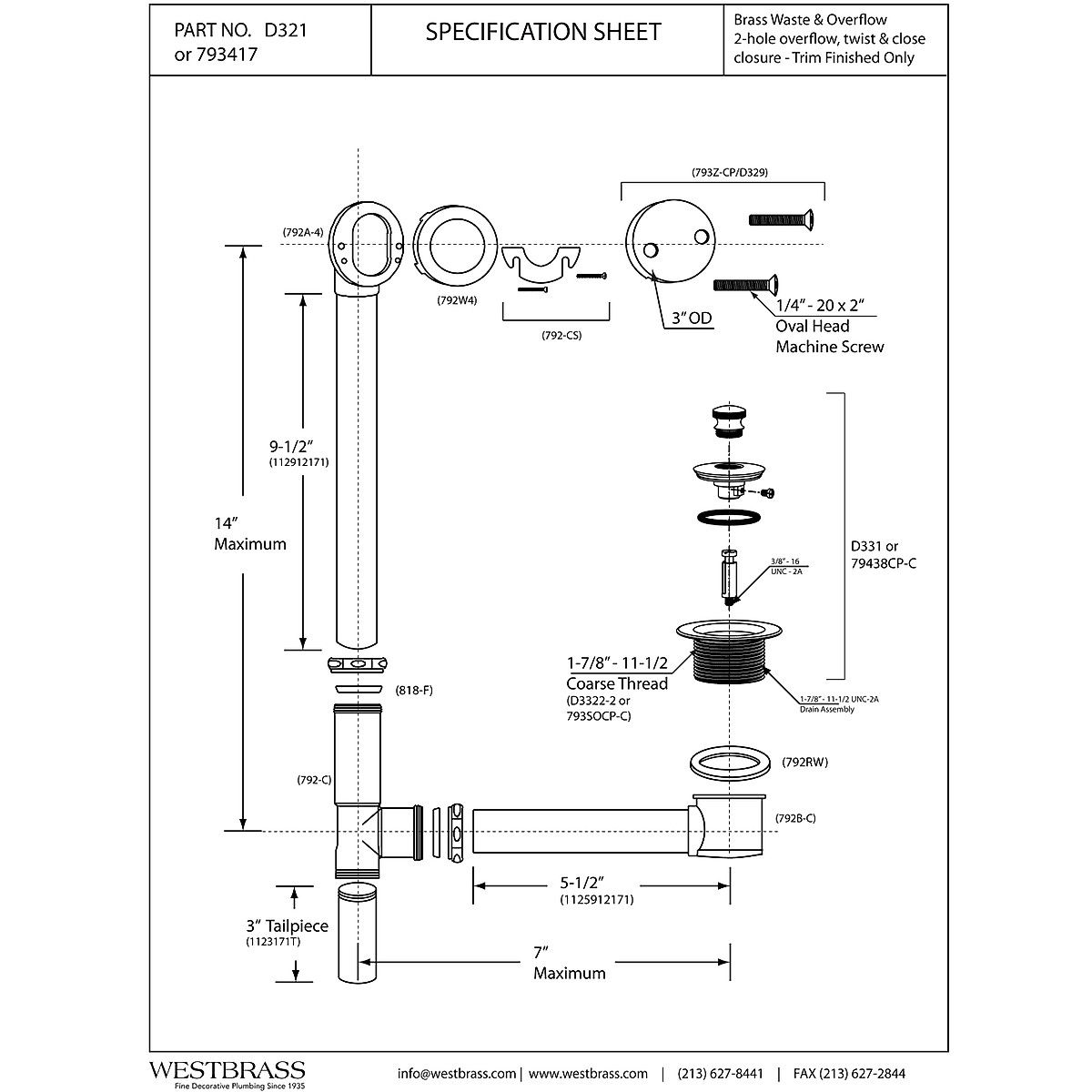 Westbrass 14" Brass Twist & Close Bath Waste & Overflow with 2-Hole Faceplate, Matte Black, D321-62