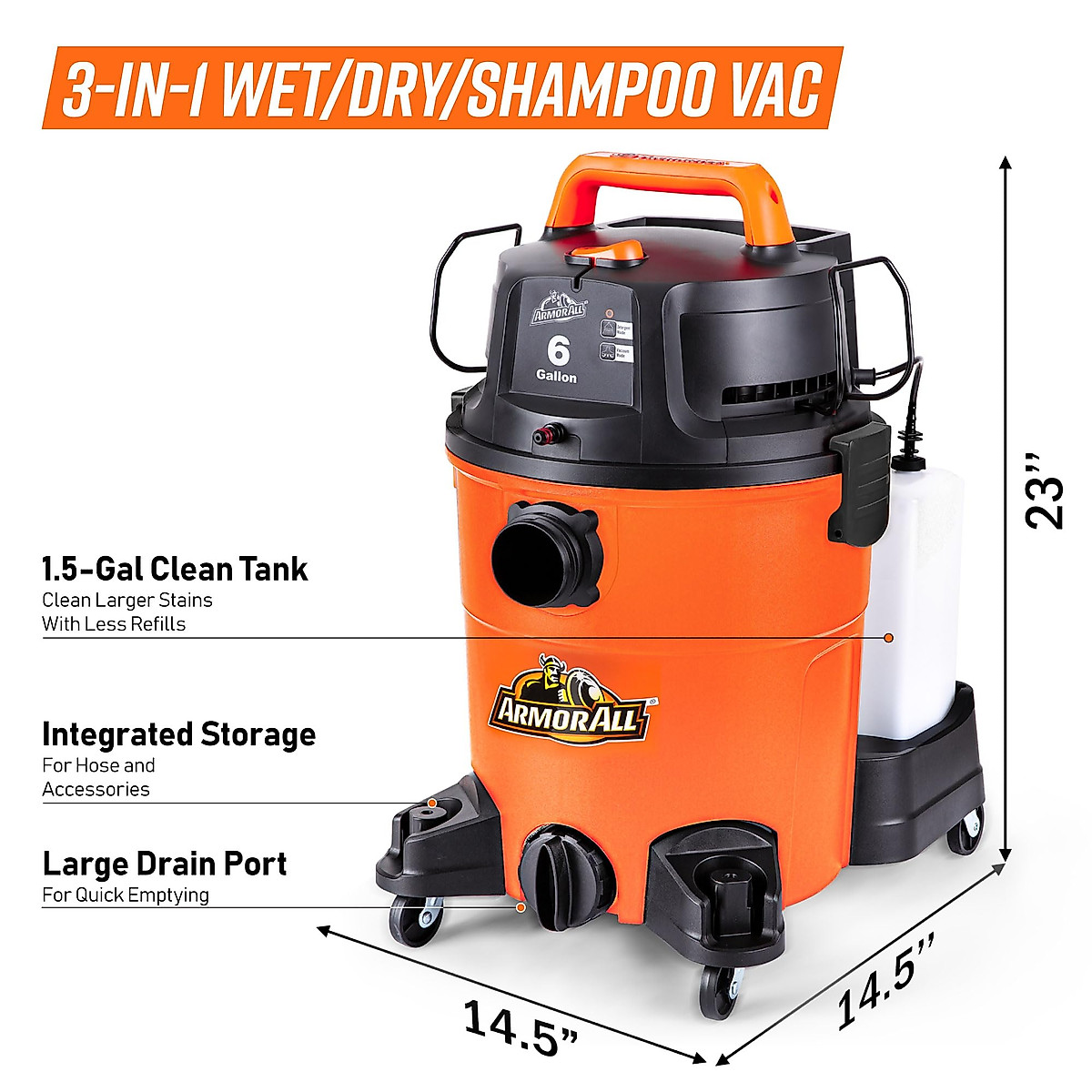 Armor All 6-Gallon* 5.5 Peak HP† 3-in-1 Wet/Dry/Upholstery Shampoo Vacuum Cleaner – VK609PFR 0901