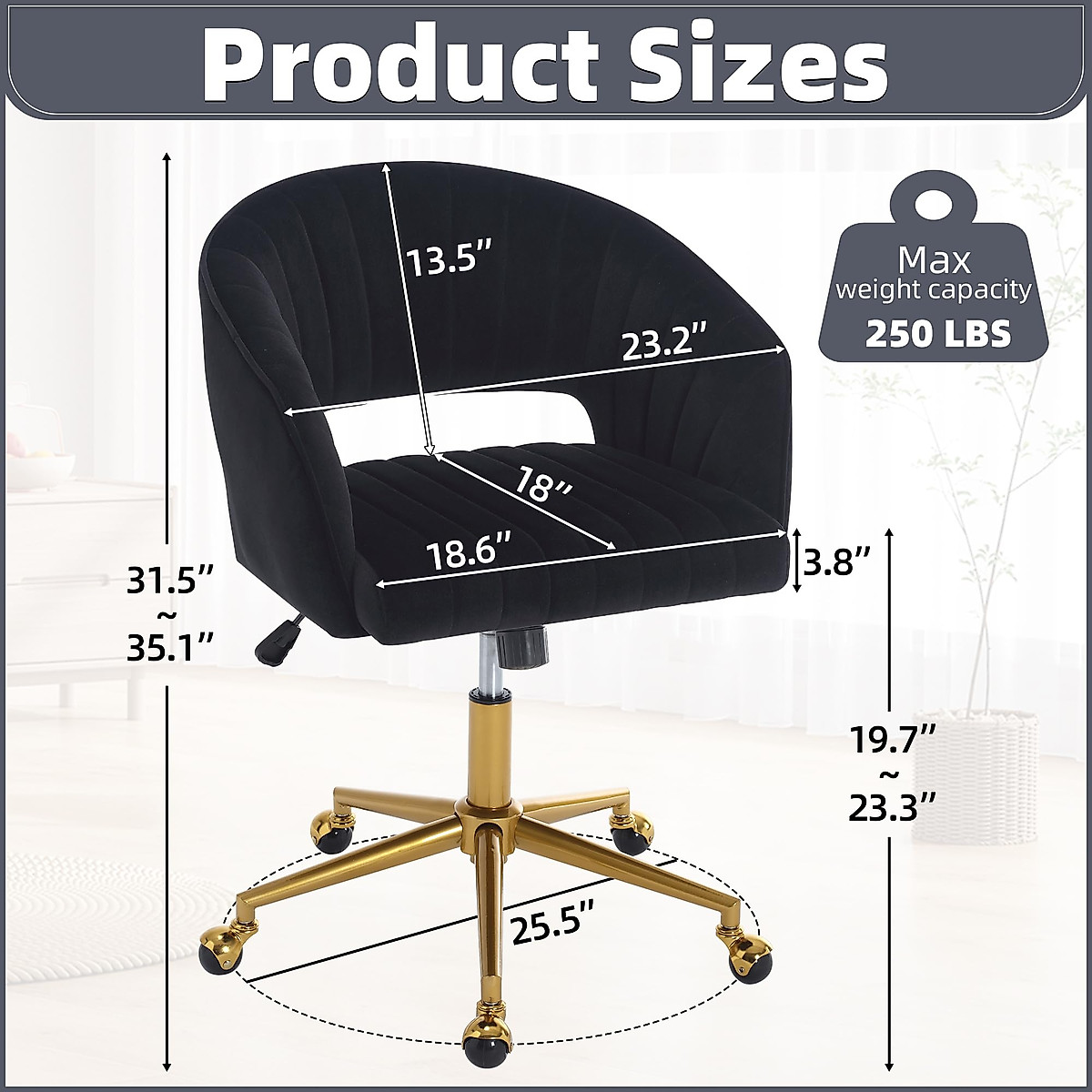 ABET Desk Chair with Wheels, Velvet Home Office Chair, Swivel Armchair Gold Base, Upholstered Modern Accent Chairs, Back Incline Adjustable for Living Room Bedroom Vanity, Black