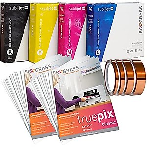 Sawgrass SubliJet UHD Inks SG500 & SG1000 4 Pack with 200 Sublimation Sheets, 4 Rolls of Tape,
