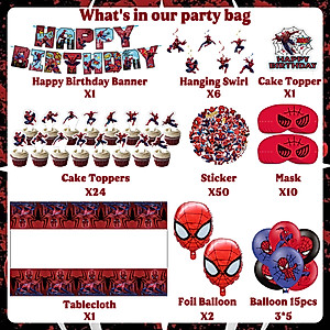 Spider Birthday Decorations, Spider Birthday Party Supplies Include Banner, Balloons, Spider Masks, Spider Stickers, Tablecloth and Backdrop for Girls Boys Birthday Party Decorations