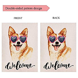 Ogiselestyle Welcome Corgi with Heart Shape Sunglasses Garden Flag Small Vertical Double Sided Decorative House Yard Décor Flag for Outdoor Decoration 12x18 inch