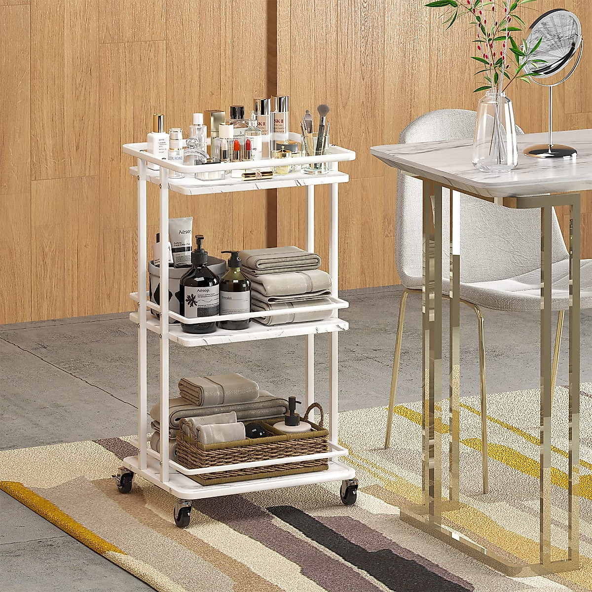 XYZLVSI 3-Tier Rolling Serving Bar Cart, Wood and Metal Kitchen Island Storage Cart with Wheels, Multifunction Utility Drink Cart Storage Rack for Home, Kitchen, Bar, Dinning Room, Living Room (White)