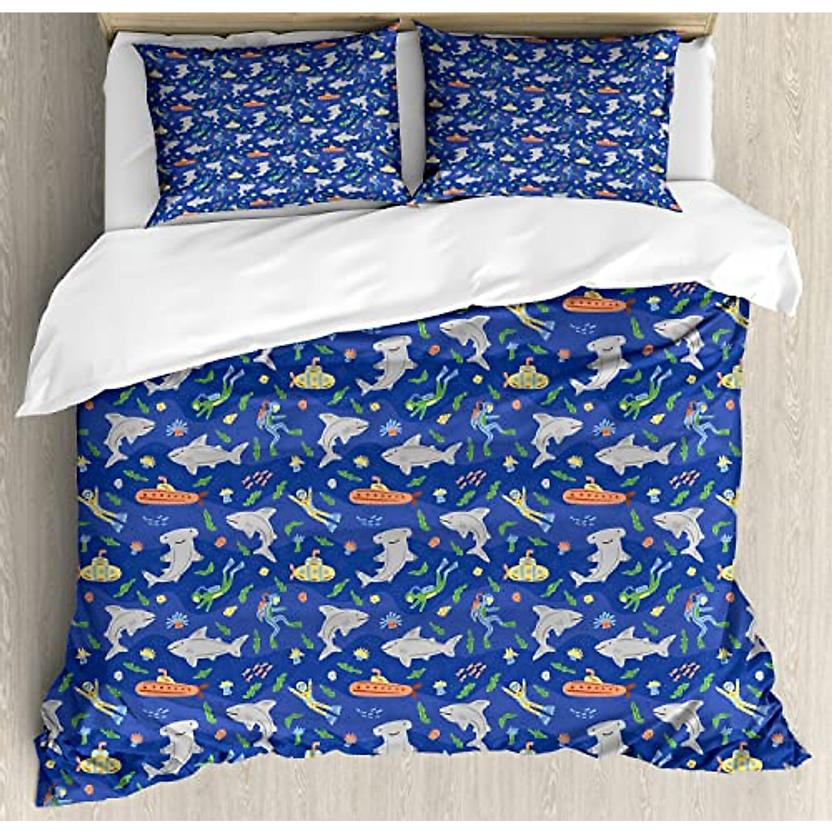 Lunarable Shark Duvet Cover Sets, Underwater Cartoon with Continuous Submarine Diver and Shark Fish, Bedding Set with 2 Duvet Covers 4 Pillowcases, 2 Pack Cal King Size, Violet Blue Multicolor