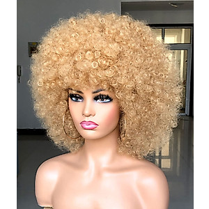 HIHOO Short Afro Wig with Bangs for Black Women Afro Kinky Curly Wig 70s Premium Synthetic Big Afro Wig(Blonde)