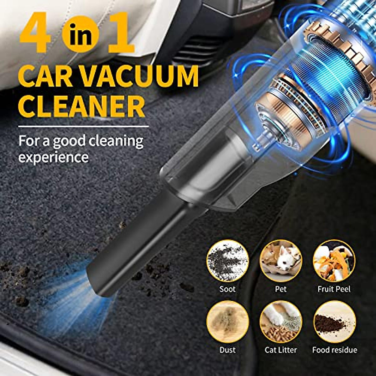 EZZARO Handheld Vacuum Cordless，Black Car Vacuum Cleaner，Wet Dry Hand Held Vacuum Cordless for Clean Desktop, Car Interior, Sofa, Corner and Other Crevices.（9000 PA）