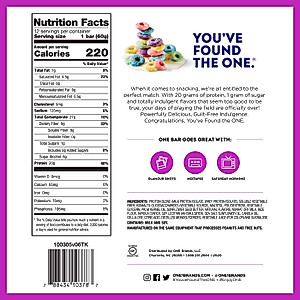 ONE Protein Bars, Fruity Cereal, Gluten Free Protein Bars with 20g Protein and 1g Sugar, Pantry Staples, 2.12 oz (12 Count)