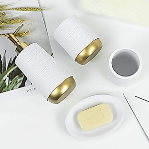 TONIAL Bathroom Accessories Gift Set, Bathroom Decor Set 4 Piece White-Queen Gold with Soap/Lotion Dispenser, Toothbrush Holder, Soap Dish, Tumbler