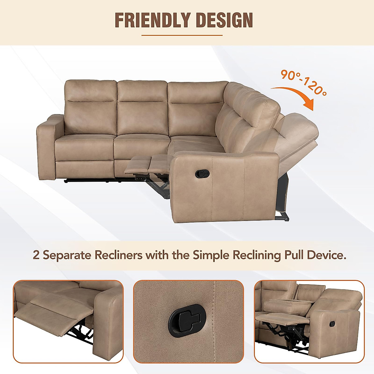 Mystiqueserenity Manual Reclining Home Theater Seating Recliner Chair Sofa with Flipped Middle Backrest and Console, 2 Cup Holders for Living Room, Bedroom, Home Theater, Light Brown