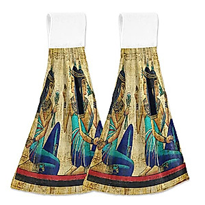 AUUXVA Kitchen Hand Towels 2 Pack Vintage Retro Ancient Egyptian Hanging Tie Towels Quick Dry Absorbent Kitchen Towel Set with Loop for Bathroom Laundry Room Farmhouse Decor