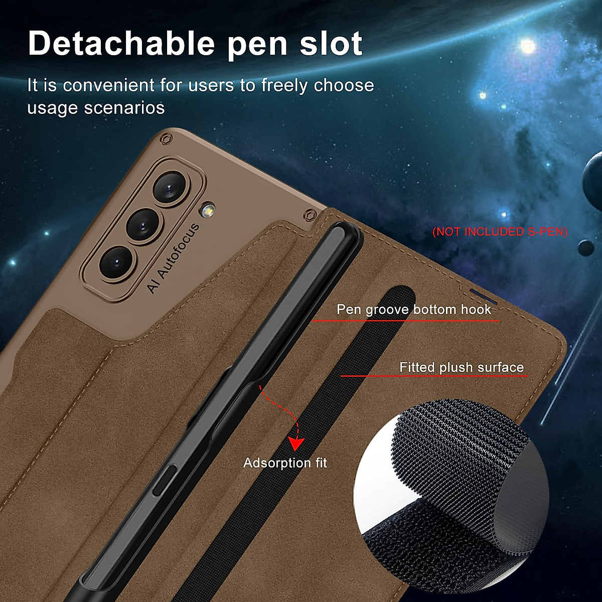 DEMCERT for Samsung Galaxy Z Fold 5 Case with [Fold5 Edition S-Pen Slot], Military Armor Cases Full Body Protective Anti-Scratch Hard Slim Leather Bracket Case with Screen Protector (Brown)